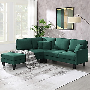 Jintop 90Inch Terrycloth Modern 5-Seat Practical Sectional Sofa with Chaise, L-Shape Wood Indoor Couch with 3 Pillows,for Dorm,Apartment,Studio,Office,Lounges,Green