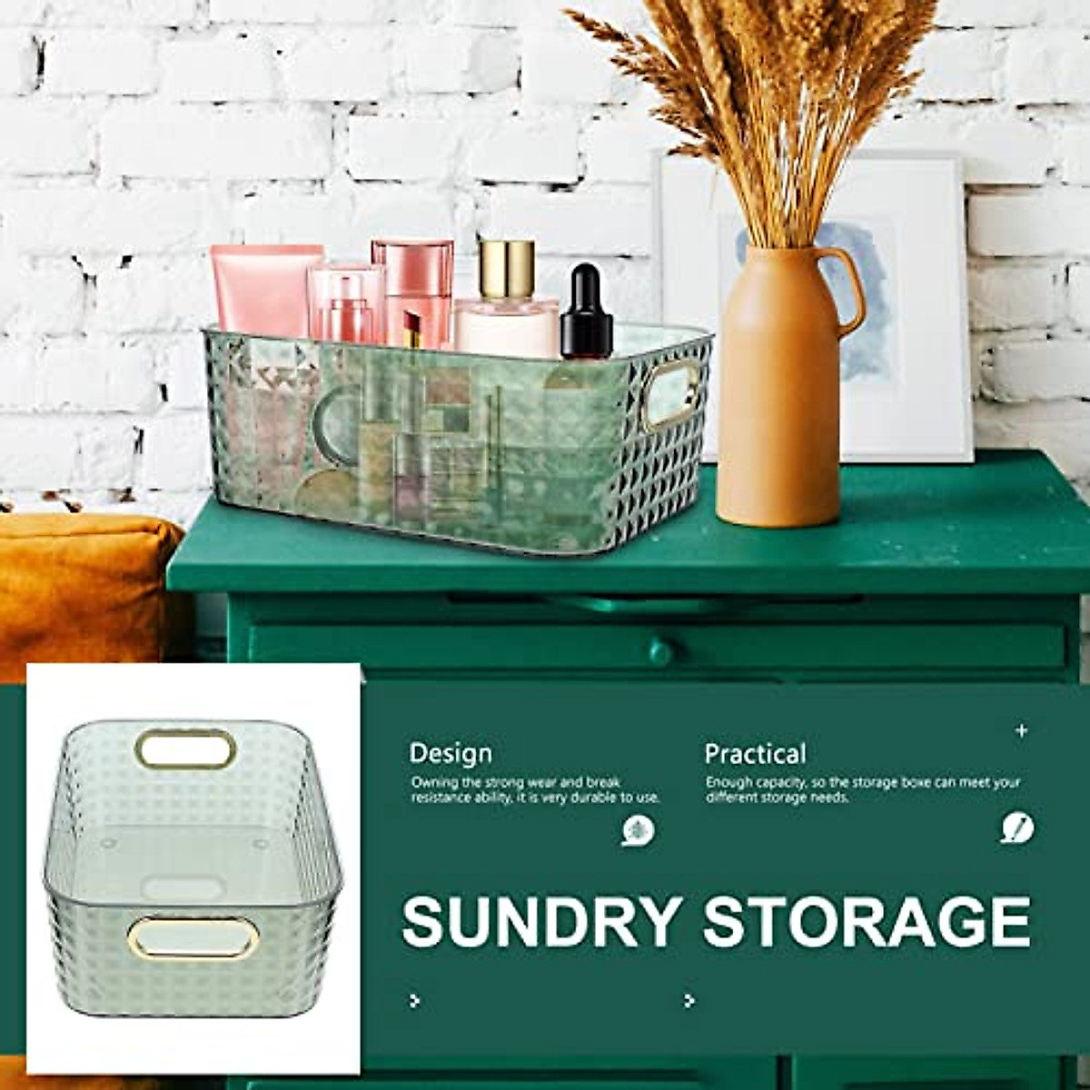 LIOOBO Plastic Storage Bin Tote: Clear Organizer Baskets Organizing Container Fridge Storage Bin Stackable Sundries Decorative Shelf Basket for Office Entryway Closet Cabinet Green