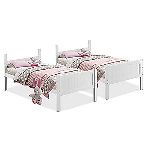 Costzon Wood Twin Over Twin Bunk Beds Convertible 2 Individual Twin Beds for Kids Children, Solid Rubberwood Bunk Bed with Ladder and Safety Rail (White)