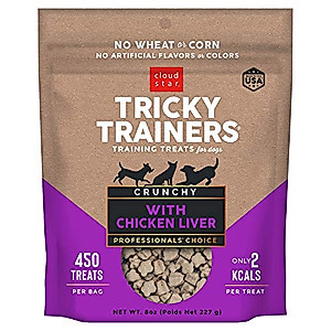 Cloud Star Tricky Trainers Crunchy Dog Training Treats 8 oz Pouch, Chicken Liver Flavor, Low Calorie Behavior Aid with 450 treats