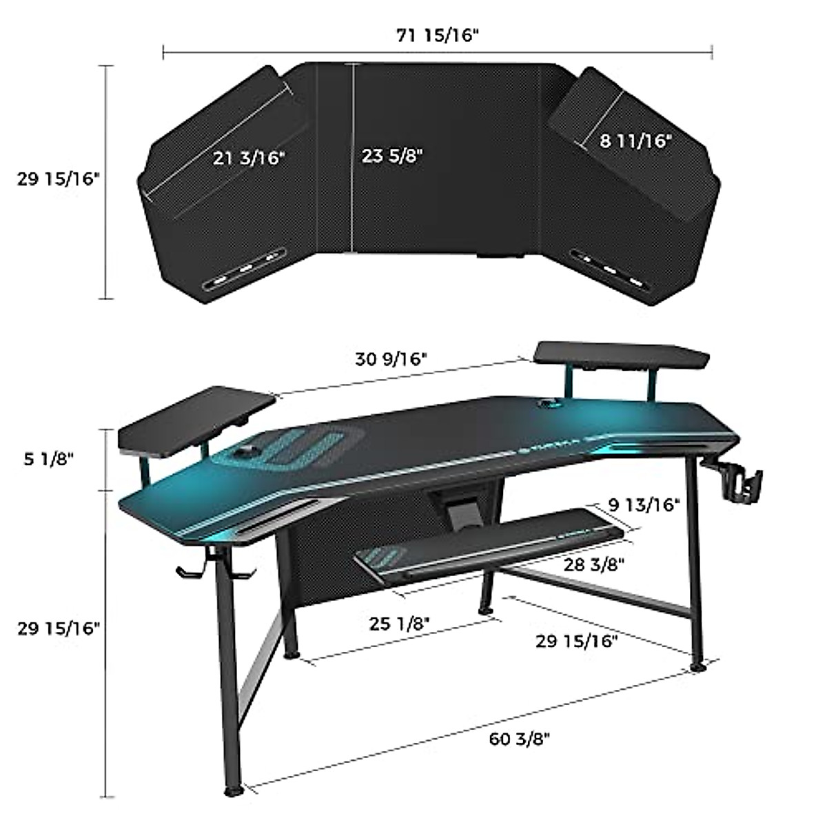 EUREKA ERGONOMIC Gaming Desk with Led Lights, 72" Large Wing-Shaped Studio Desk W Keyboard Tray Monitor Stand Dual Headphone Hanger Cup Holder for Live, Streamer