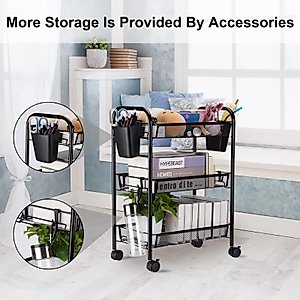 MEHUKOJ 3 Tier All-Metal Rolling Utility Cart with Locking Wheels,Easy-Carry and Assembly Mesh Trolley Cart with 2 Small Baskets and 4 Hooks for Bathroom Kitchen Office Balcony,Slide-Out Narrow Shelf