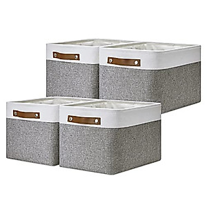 DULLEMELO Fabric Baskets for Storage, Office, Home,Nursery,Organizing Baskets for Shelves, Bedroom,  Toys,Gift,Fabric Storage Basket with Handles(White&Grey,15"x11"x9.5",4-Pack)