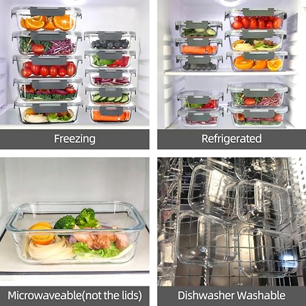 SHYRC Glass Food Storage Containers, 10 Pack Glass Meal Prep Container, Leak Proof, Glass Storage Containers with Lids, Ideal for Food Storage, Lunch, On-the-Go, Leftover - Grey