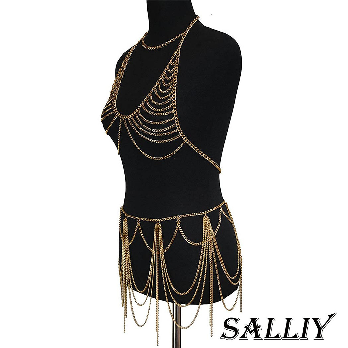 Salliy Boho Body Chain Bra Gold Sexy Rhinestone Bikini Bra Body Halter Backless Sequins Chain Bra Beach Body Accessories Jewelry for Women (Gold Bra + Skirt)