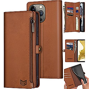 SUANPOT for iPhone 14 Pro Max Wallet case 【RFID Blocking】【9 Card Slot】【Pocket】,Credit Card Holder Flip Folio Book Zipper PU Leather Protective Cover Women Men for 14 ProMax Phone case Light Brown