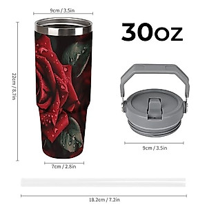 RTFGHJS Red Rose 30 Oz Tumbler with Handle And Flip Straw, Stainless Steel Vacuum Insulated Travel Mug, Thermal Cup for Coffee, Water, Iced Drinks, Fits Car Cup Holders (Home, Sports)