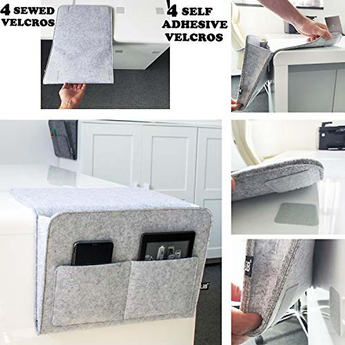 Lib Bedside Caddy, Original Design | Large Size 9.5" x 13.5" | Laptop Holder | 100% Handmade | College Room, Kids Bunk Bed, Hospital Bed | Night Hanging Storage Organizer (Light gray)