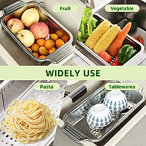 DOXILA Over the Sink Colander Strainer Basket - Kitchen Essentials for New Home-Expandable to Fit Most Sinks - Stainless Steel, Wash Vegetables and Fruits, Drain Cooked Pasta and Dry Dishes