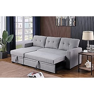 Devion Furniture L-Shape Linen Sleeper Sectional Sofa for Living Room, Home Furniture, Apartment, Dorm Sofabed, Light Gray