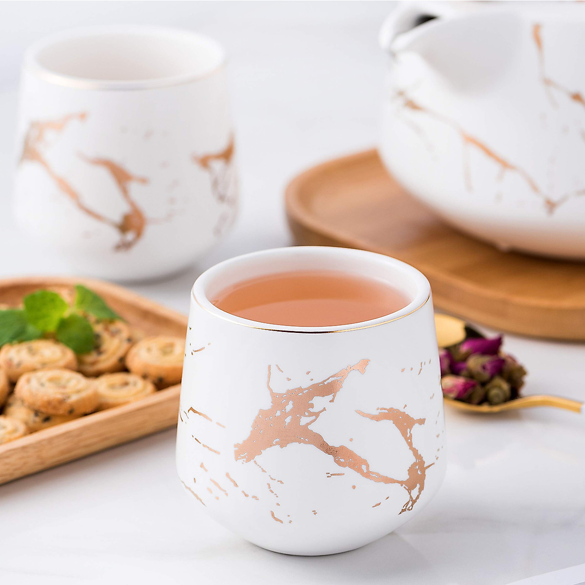 Jusalpha Marble Porcelain Teapot Set, Modern Japanese Tea Pot with Infuser for Loose Tea (40 OZ), 4-Piece Tea Cups (6.7 OZ) with Bamboo Tray - Tea Cups Set for Home and Restaurant, FDJPT4 (White)