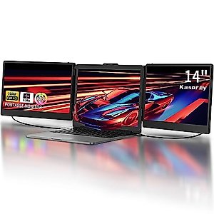 kasorey Laptop Screen Extender, 14'' FHD IPS Ultra-Thin Dual/Triple Portable Monitor Display, HDMI/USB-A/Type-C Plug-Play Extra Monitor for Windows, Chrome, Mac and Switch, Built-in Speakers