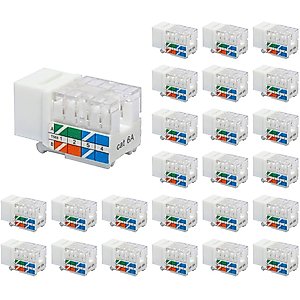 VCE RJ45 Cat6A Keystone Jack UL Listed 25-Pack, 10 Gbps Slim Profile Modular Ethernet Jacks Insert 110-Type UTP 90-Degree, White