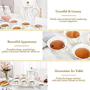 DUJUST 14 pcs Tea Set for 6 with Tea Tray & Spoons, Luxury British Style Tea/Coffee Cup Set with Golden Trim, Beautiful Porcelain Tea Set for Living Room Decor, Tea Party Set, Gift Package - White
