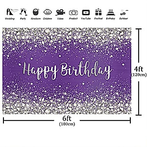 Aperturee 6x4ft Glitter Purple Diamonds Happy Birthday Backdrop Shinning Silver Bokeh Dots Women Girls Photography Background Sweet 16 Party Decorations Cake Table Banner Supplies Photo Booth Studio