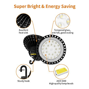 LED High Bay Light, 100W 12000LM UFO LED High Bay Lights with US Plug 5' Cable, Eqv.400W MH/HPS, 6500K Super Bright LED Shop Lights IP65 Area Light Fixture Bay Lighting for Garage Factory Workshop