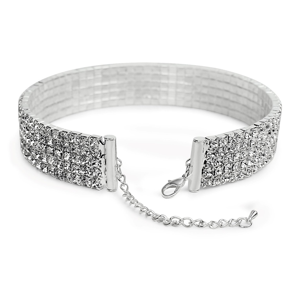 Rhinestone Choker 5 Row Silver by LuxeLife – Women’s Crystal Look Necklace with 5 Inch Extender Chain – Classic Fashion Jewelry Accessories – Matches Earrings and Bracelets Flawlessly