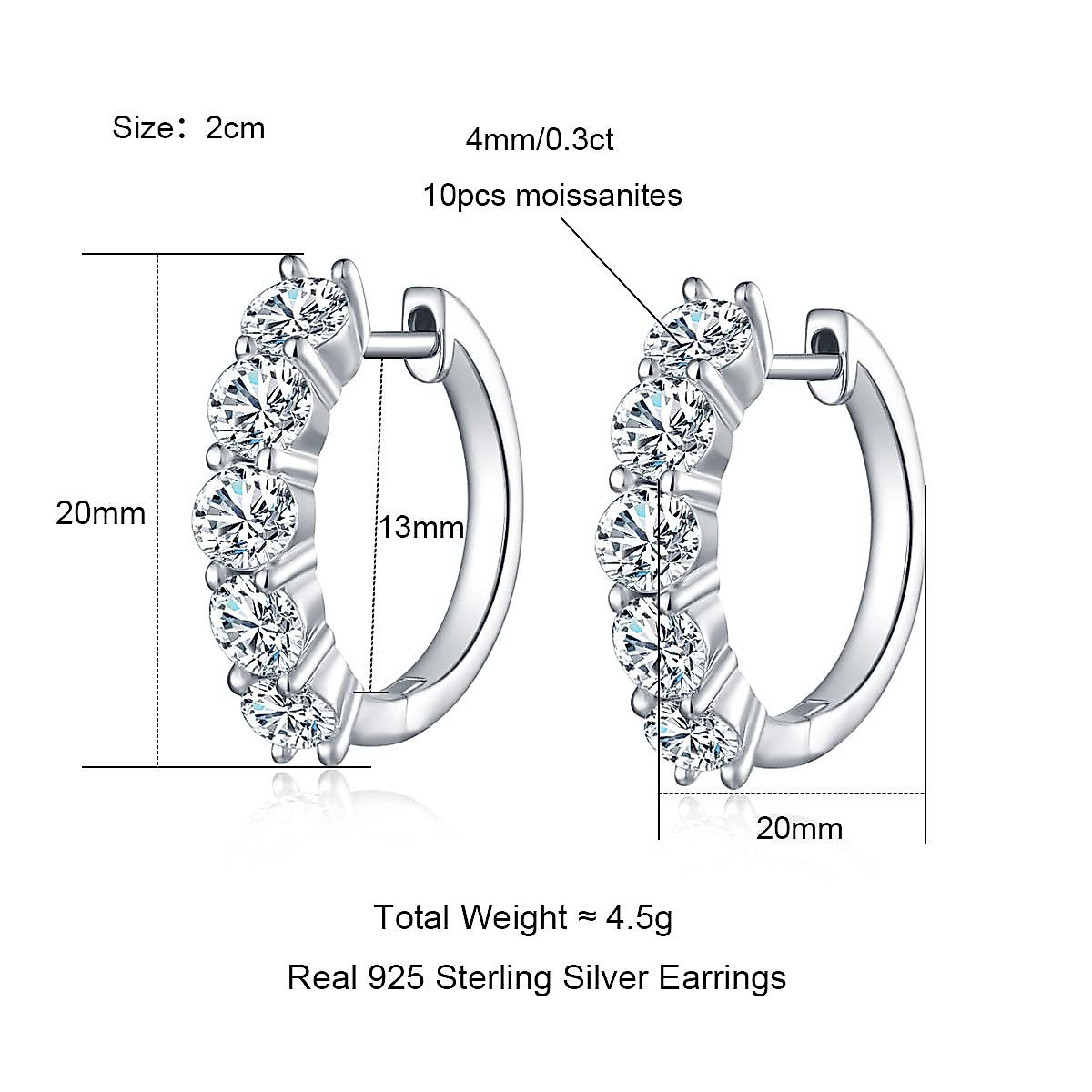 AnuClub Moissanite Hoop Earrings, 3cttw D Color Round Cut Earrings 18K Gold Plated Silver With GRA Certificate, Christmas Gift for Women (Size 2cm+White)