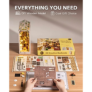 Rowood Book Nook Kits for Adults Bookshelf Insert Decor Alley 3D Wooden Puzzle Bookend DIY Craft Kits for Adults with LED Light - Sunshine Town