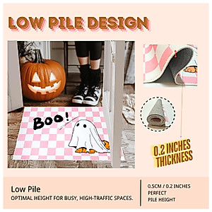 Twelve Studio Halloween Boo Doormat, Cute Spooky Ghost Dog Indoor Outdoor Welcome Mat, Washable Anti-Slip Rug for Entrance Kitchen Bathroom Halloween Decoration, 2’x3' Pink White Checkerboard