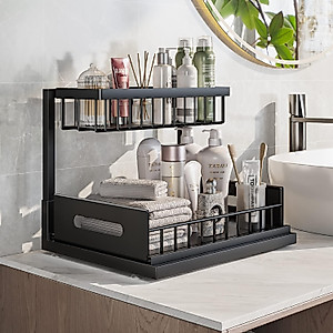 Organizer and Storage, Under Sink, Countertop, Bathroom Vanity Top, Cabinets, Tabletop Storage Organizer +GIFT 4 Hooks and Hanging Cup, 2 Tier, Bathroom or Vanity, Slide Out Shelf, Black Metal No rust