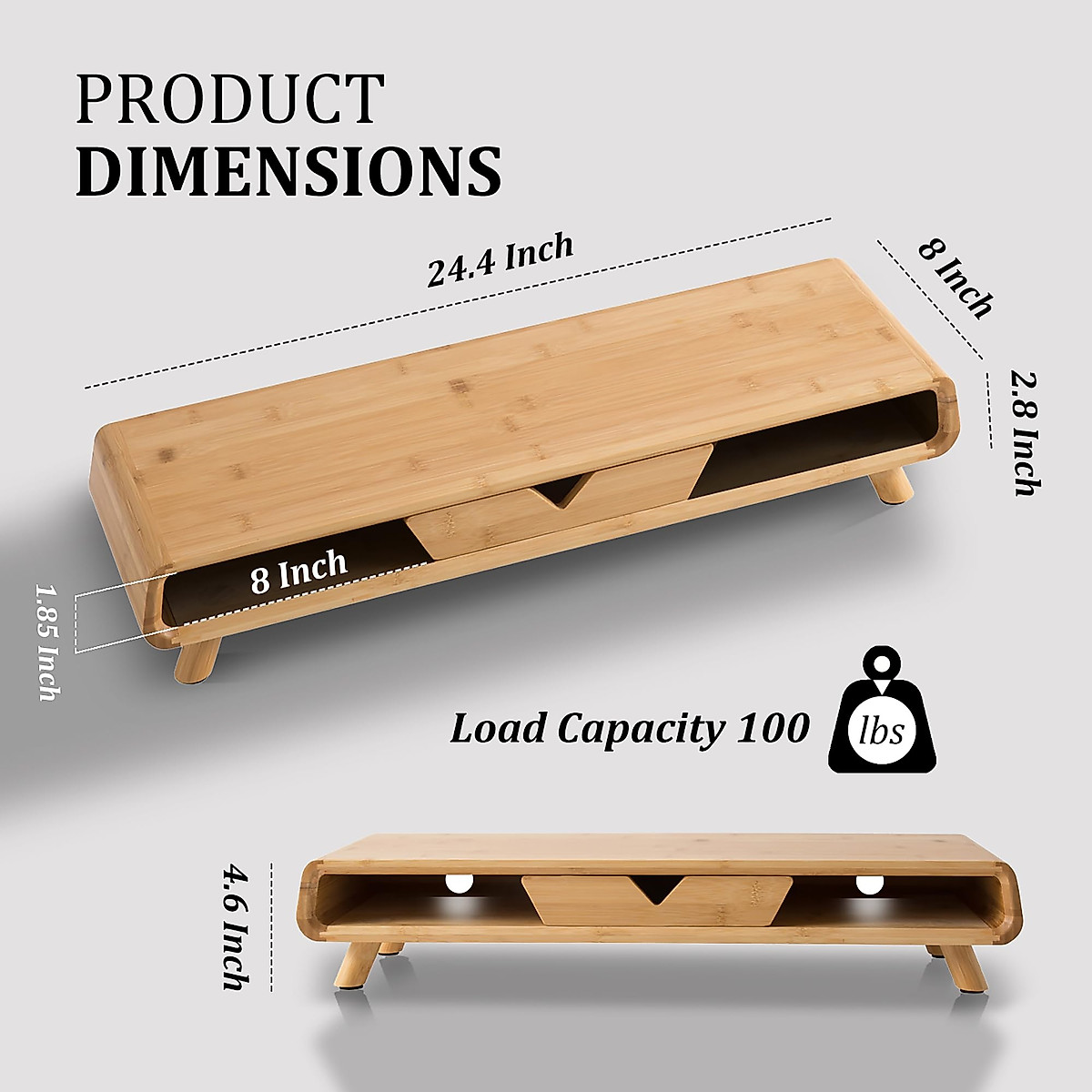 Homerays Bamboo Monitor Stand Riser, No Assembly Required Exquisite Monitor Stand with Drawer, Ergonomic Height Wood Monitor Stand