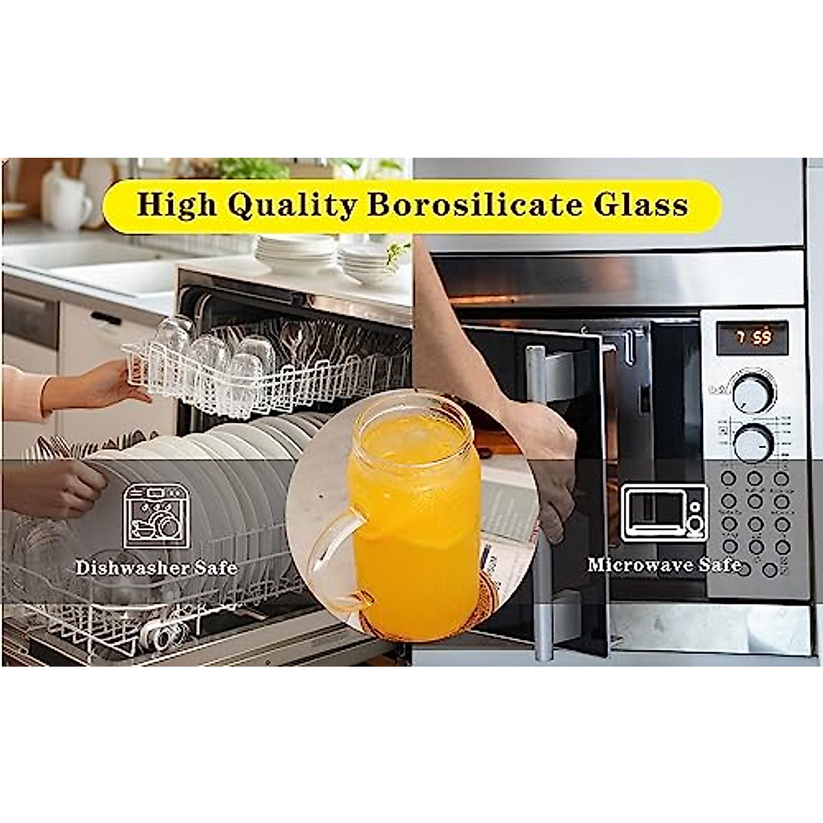 ANOTION Glass Cups 4 Packs, 16oz Coffee Cups with Lids and Glass Straws Coffee Mugs Clear Tumbler With Handle Glassware Drinking Glasses Set for Hot/Cold Coffee Latte Tea Chocolate Juice