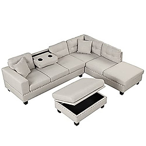 Eafurn L Shaped Sectional Reversible Chaise and Drop Down Table & Cupholders, Upholstery Corner Storage Ottoman, Tufted Convertible Sofa & Couch for Living Room Furniture Set, Gray