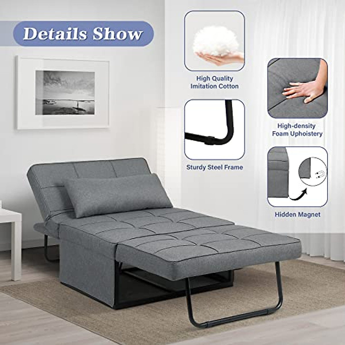 Saemoza Sofa Bed, 4 in 1 Multi Function Folding Ottoman Sleeper Bed, Modern Convertible Chair Adjustable Backrest Sleeper Couch Bed for Living Room/Small Apartment, Light Gray
