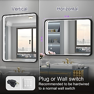 JSneijder 24x32 Inch Black LED Bathroom Mirror, Black Framed Vanity Mirror with Lights, Anti-Fog Bathroom Mirror, Wall Mounted Dimmable Lighted Bathroom Mirror(Horizontal/Vertical)