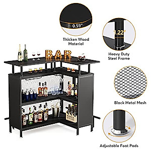 Tribesigns Home Bar Unit, L-Shaped Liquor Bar Table with Stemware Racks and 2-Tier Shelves, Corner Mini Bar Cabinet Coffee Bar Table with Footrest for Home/Kitchen/Bar/Pub, Bar Table, Black