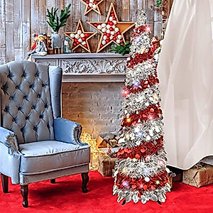 Pop Up Christmas Tree with Lights, 5FT Collapsible Christimas Tree Tinsel Slim Pencil Christmas Xmas Tree with Stand Decorations for Home Holiday Fireplace Party Indoor Outdoor (Green& Red)