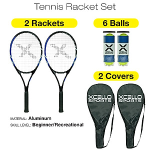 Xcello Sports 27" Aluminum Racket Set (Blue/Black) with 2 Tubes of Tennis Balls and 2 Covers