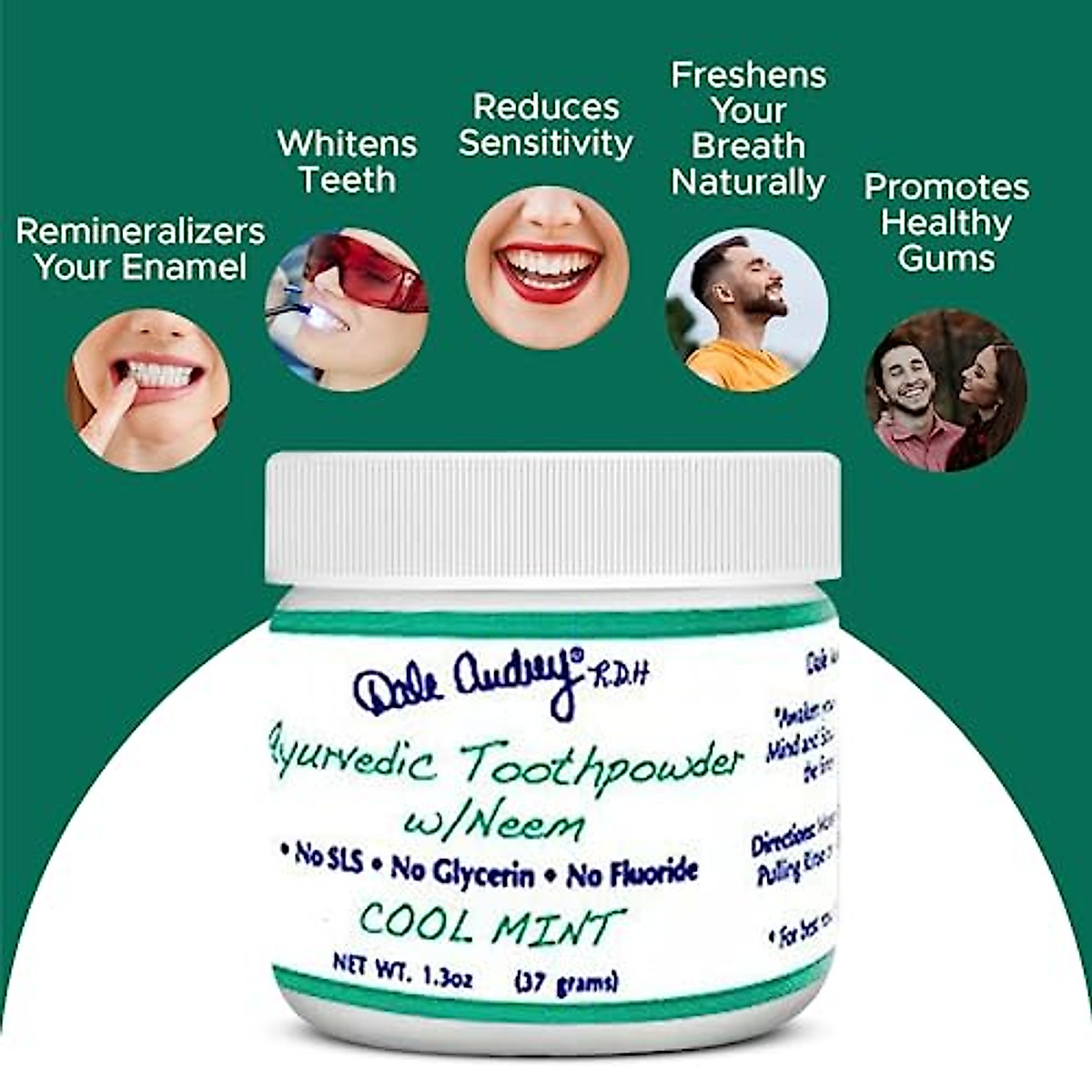 Dale Audrey Ayurvedic Remineralizing Toothpowder for Sensitive Teeth | Refreshing Cool Mint Flavor Teeth Whitening and Fresh Breath | Natural Tooth Powder for Gums and Bad Breath (1.3 Oz)