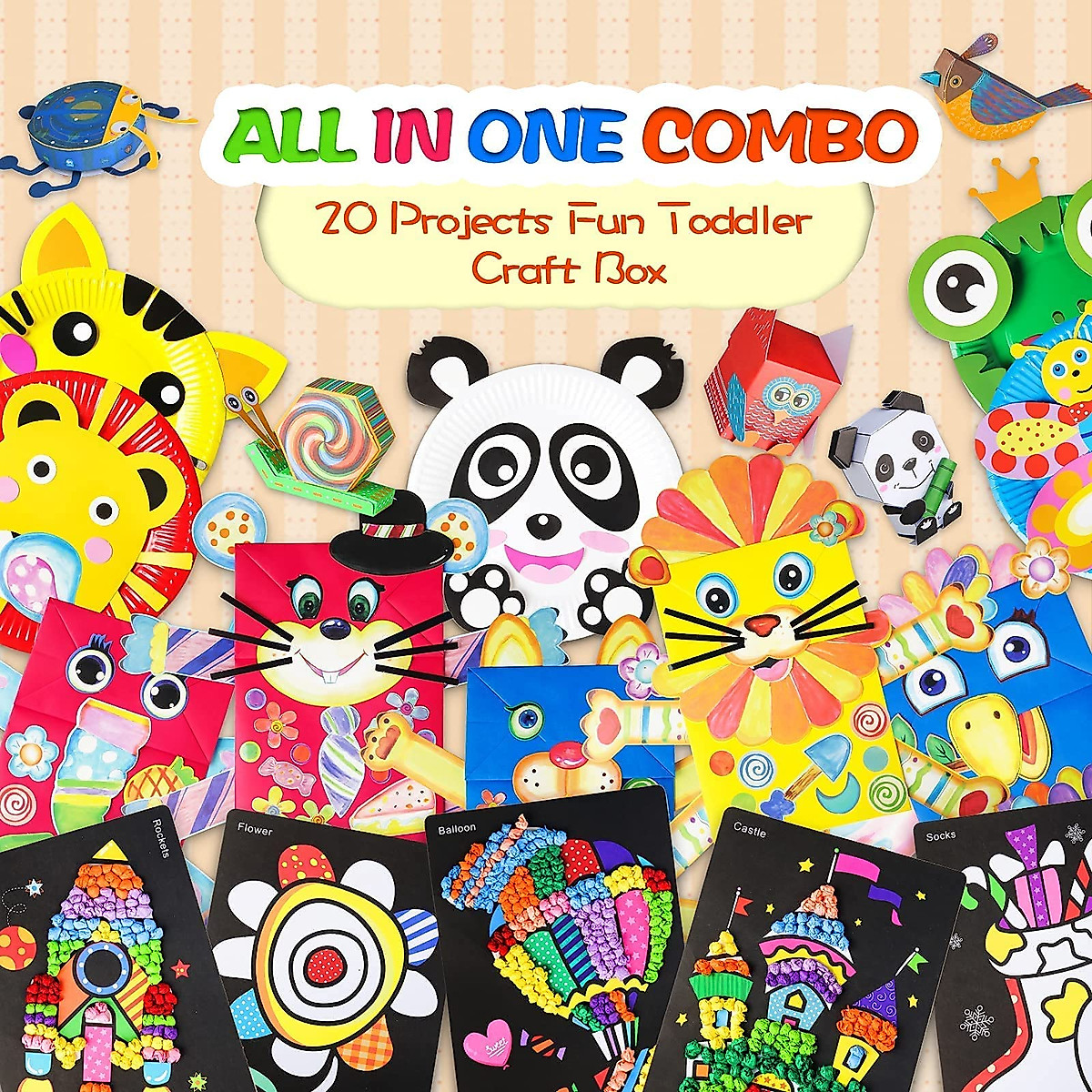 BainGesk Arts and Crafts for Kids Ages 3, 4, 5, 6, 7, 8 Years Old, 20 Projects Art Activities Toddler Craft Box, Organized Art Supplies for Boys & Girls, Fun Paper Craft Kit for Preschool