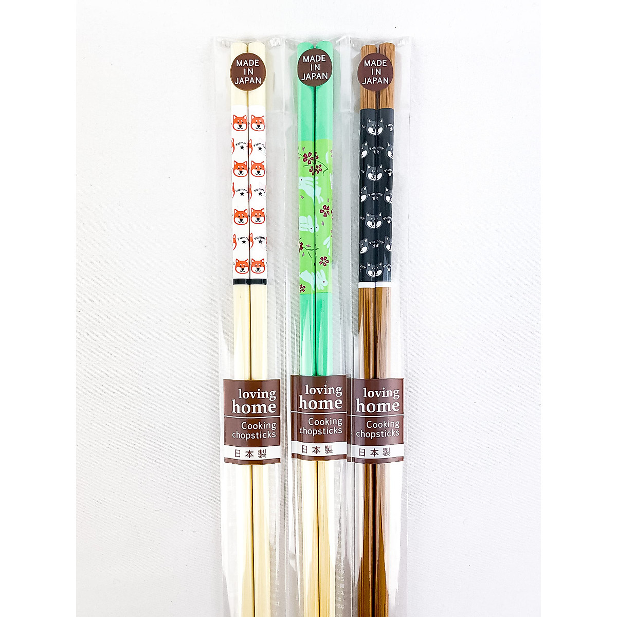 Set of 3 Assorted Cooking Chopsticks, Made in Japan, Natural Bamboo Saibashi, 13inches, Cute Shiba Inu Pattern, Traditional Japanese pattern, Simple Modern Pattern, Colorful Pattern