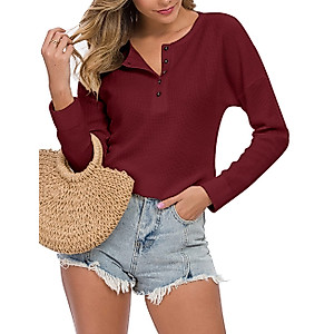 WNEEDU Women's Waffle Knit Tunic Tops Loose Long Sleeve Button Up V Neck Henley Shirts,Jujube Red XL