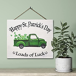 JennyGems St Patricks Day Decorations Front Door Decor, Shamrocks Truck Farmhouse St Patricks Day Decor, Happy St Patrick's Day 10x12 Hanging Wooden Sign, Made in USA