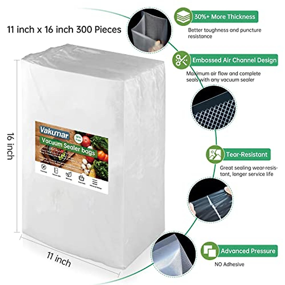 Vakumar Vacuum Sealer Bags 300 Pint 11 x 16 Inch Rolls for Food , Seal a Meal, Commercial Grade, BPA Free, Commercial Grade, Great for Storage, Meal prep and Sous Vide