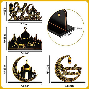 WATINC 4pcs Ramadan Kareem Wooden Table Topper Centerpiece Decorations, Happy Eid Mubarak Party Wood Tiered Tray Signs Table Decor, Al-Fitr Black Gold Detachable Tabletop Supplies for Home Kitchen