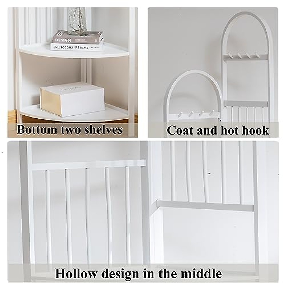 latifolia Corner Clothing Rack, bamboo clohes rack with 8 Hooks for hanging clothes, hats, Bottom two shelves for storage, white