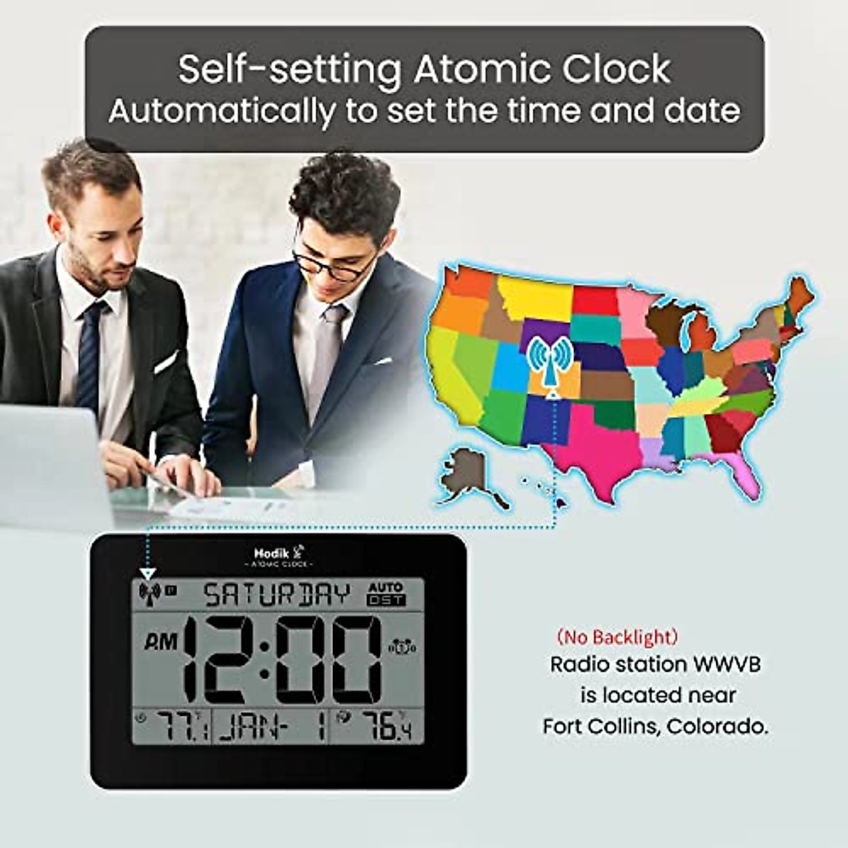 HODIK Atomic Clock with Indoor Outdoor Temperature Wireless, Large 11.4 Inch LCD Display for Easy Reading, Self-Setting Battery Powered Table Clock or Wall Clock with High Precision Sensor