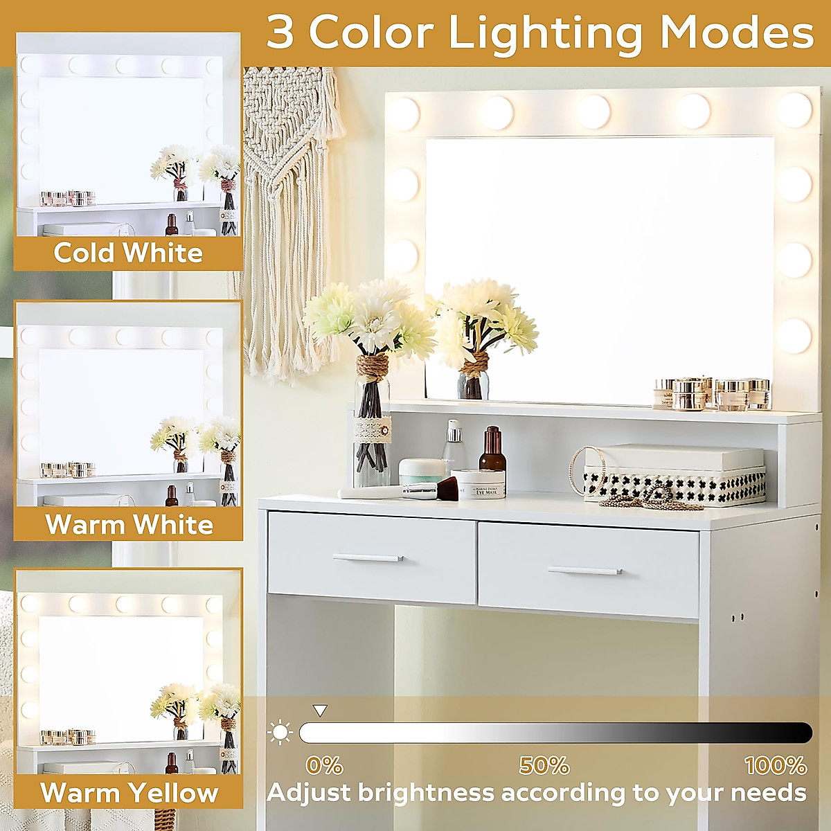 MIRROTOWEL Vanity Desk with Mirror and Lights, Dressing Table with Large Drawer, 2 Level Storage Dresser & 3 Lighting Modes Adjustable Brightness, Suitable for Bedroom