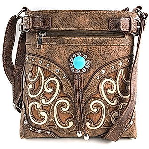 Justin West Tooled Gleaming Turquoise Stone Floral Laser Cut Rhinestone Messenger Bag Purse with Long Cross Body Strap (Tan Brown)