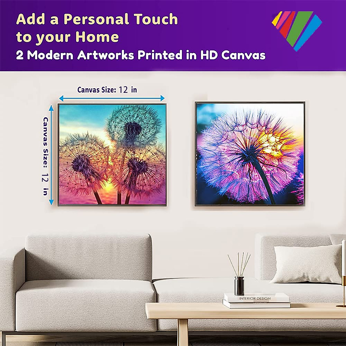 2-Piece Dandelions Diamond Painting Kits for Adults, Round Full Drill 5D DIY Diamond Art Kits for Home Wall Decor 12"x12"