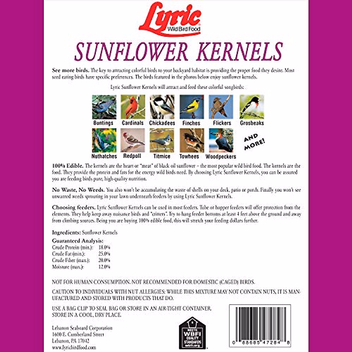 Lyric Sunflower Kernels Wild Bird Seed No Waste Bird Food Attracts Finches & More 5 lb. bag