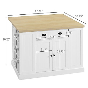 HOMCOM 47" Fluted-Style Wooden Kitchen Island, Kitchen Countertop Storage Cabinet with Drop Leaf, Drawer, Open Shelves, Storage, White