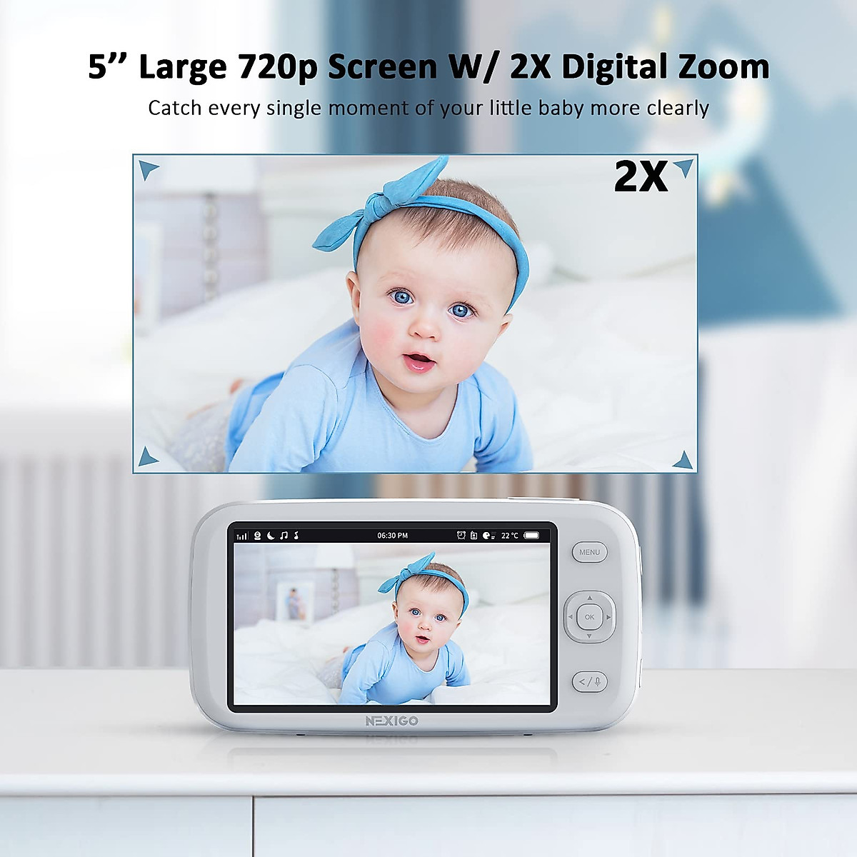 NexiGo Video Baby Monitor with Camera and Audio, 5 Inch Split IPS Screen, Support Up to 4 Cameras, 2-Way Audio, Pan-Tilt-Zoom, 4800mAh Battery, Temperature Detection, Night Vision, 2 Pack (White)