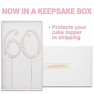 60 Cake Topper - Premium Silver Metal - 60th Birthday or Anniversary Party Sparkly Rhinestone Decoration Makes a Great Centerpiece - Now Protected in a Box