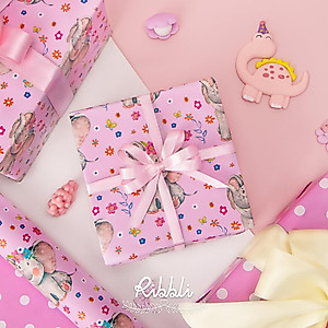 Ribbli Reversible Baby Girl Wrapping Paper Blue Elephant with Pink Polk Dots Paper for Baby Shower Kids Birthday Party - 17Inch x 394Inch(33Feet)